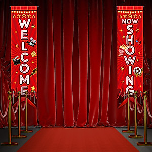 Movie Night Porch Sign Banner Movie Theme Party Decorations Movie Theater Welcome Now Showing Lights Camera Action Hanging Porch Sign for Home Film Backdrop Party Supplies (Classic Style, 2 Pieces)