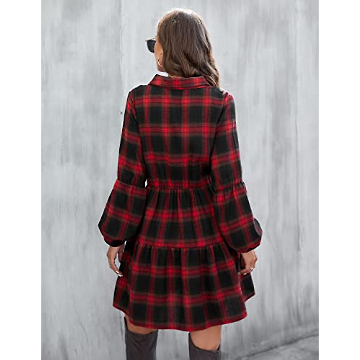 Blooming Jelly Womens Plaid Dresses Fall Long Sleeve Dress Trendy Ladies Dress Mini Babydoll Dresses with Tie Waist (Large,Red)