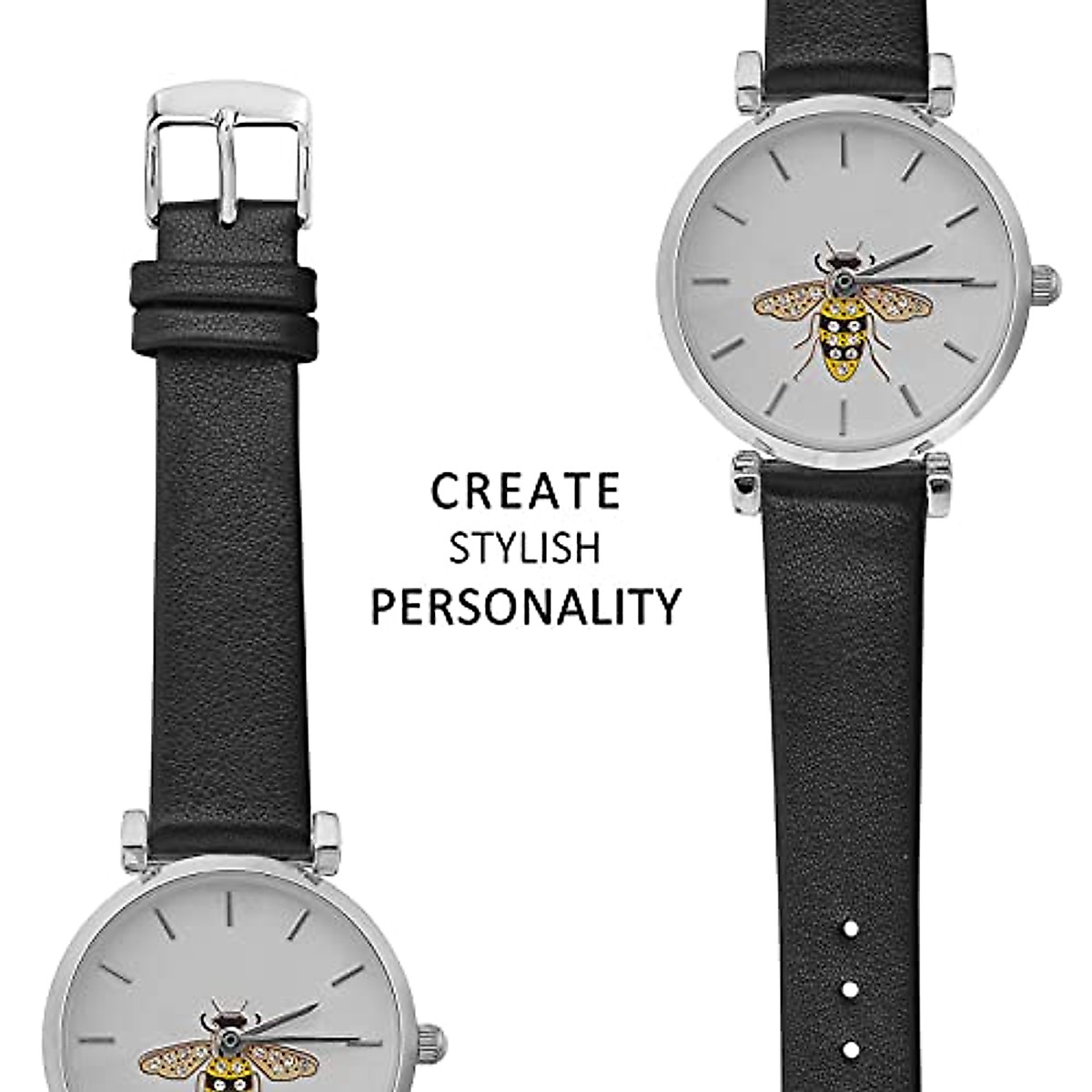 WOCCI 14mm Lug Width, Elegant Watch Band, Genuine Leather Replacement Strap with Silver Buckle (Black)