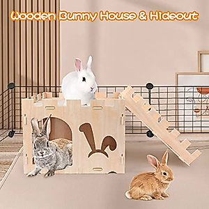 BWOGUE Extra Large Wooden Rabbit Castle Bunny House and Hideouts Detachable Small Animal Play Hideaway Hut for Indoor Adult Rabbit Guinea Pig Chinchilla Habitat