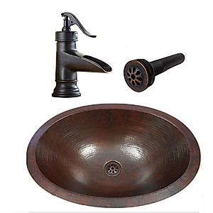 SimplyCopper 16" Oval Copper Bath Sink with 7" Faucet and Daisy Drain Drain Included