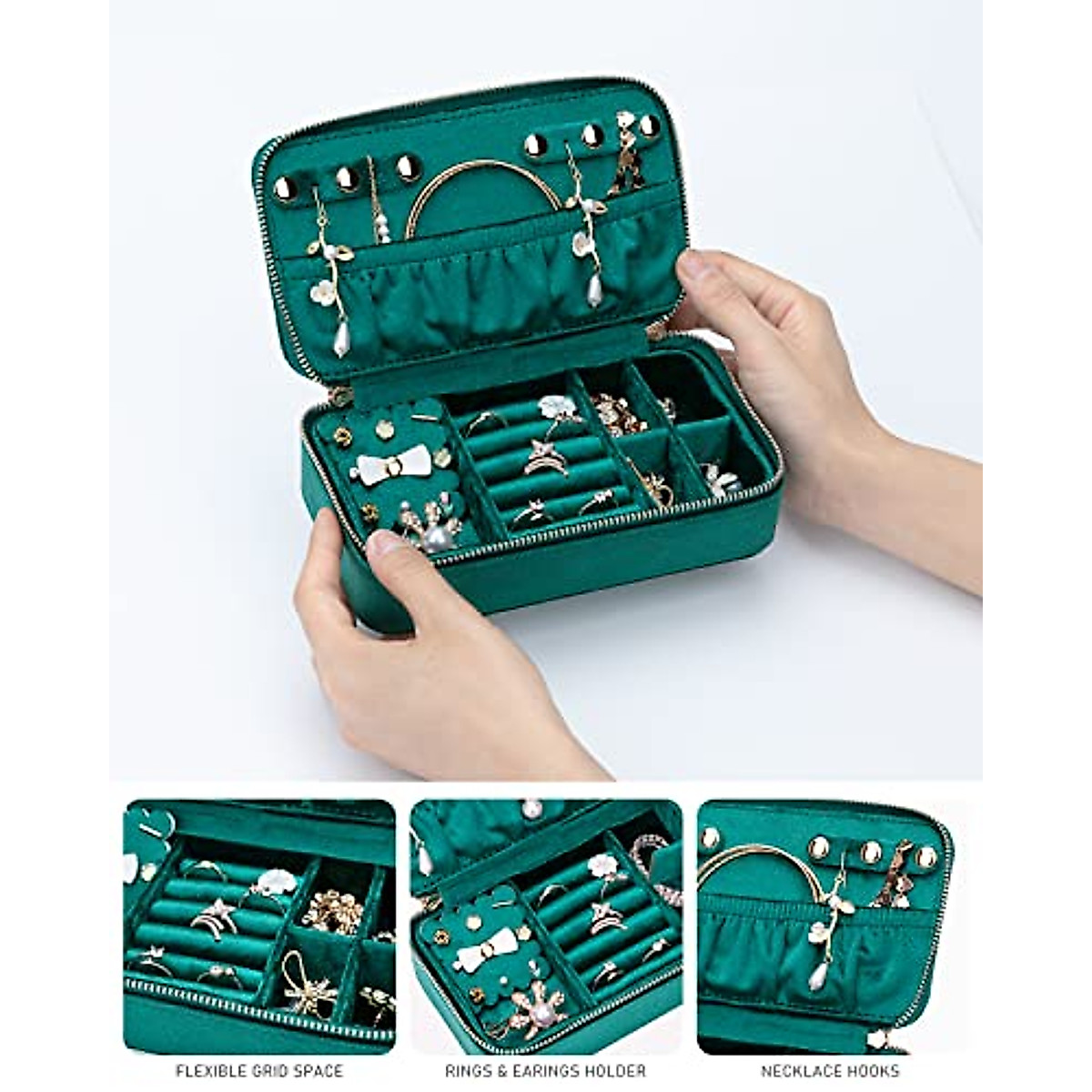 V-LAFUY Jewelry Travel Organizer, Travel Jewelry Case Small Travel Jewelry Box for Women Storage Rings Earrings Necklaces - Emerald Velvet Green