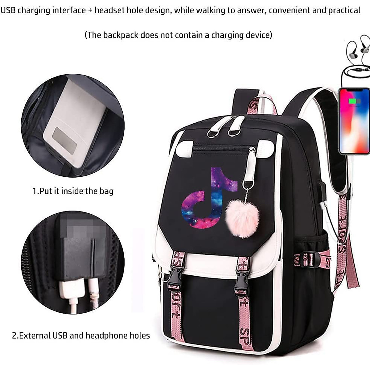RUILIHIAO Teenage USB Port Backpack Black Pink Plush Ball Pendant School bag Outdoor Travel Daypack Bookbag (Pattern 1)