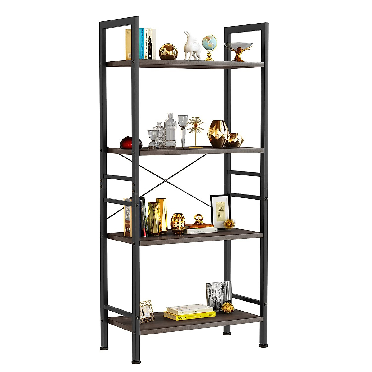 DKLGG 4-Tier Storage Shelves, Bookshelf, Wood Bookcase with Metal Frames and Standing Shelving Unit, Industrial Design Open Standing Organizer for Living Room, Bathroom, Balcony, Office, Rustic Brown