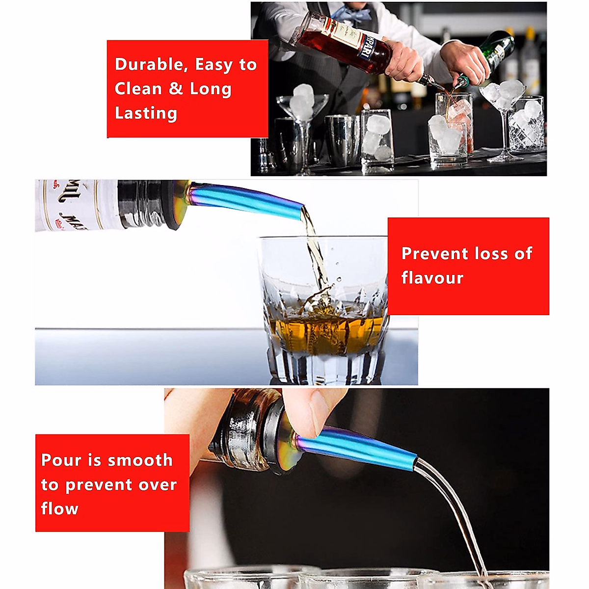 WAFJAMF 2 Pcs Liquor Pour Spouts, Stainless Steel Liquor Bottle Pourers with Rubber Dust Caps & Cleaning Brush,for Pours Liquid, Olive Oil, Wine (Rainbow)