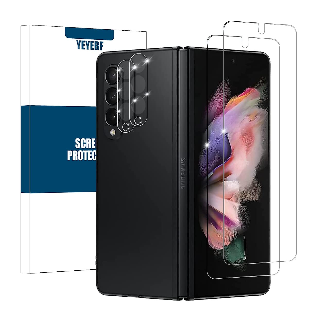 Galaxy Z Fold 3 5G Screen Protector + Camera Lens Protectors By YEYEBF, [2+2 Pack] Full Coverage Tempered Glass Screen Protector for Galaxy Z Fold 3 [Case-Friendly][Anti-Shatter][3D Glass]