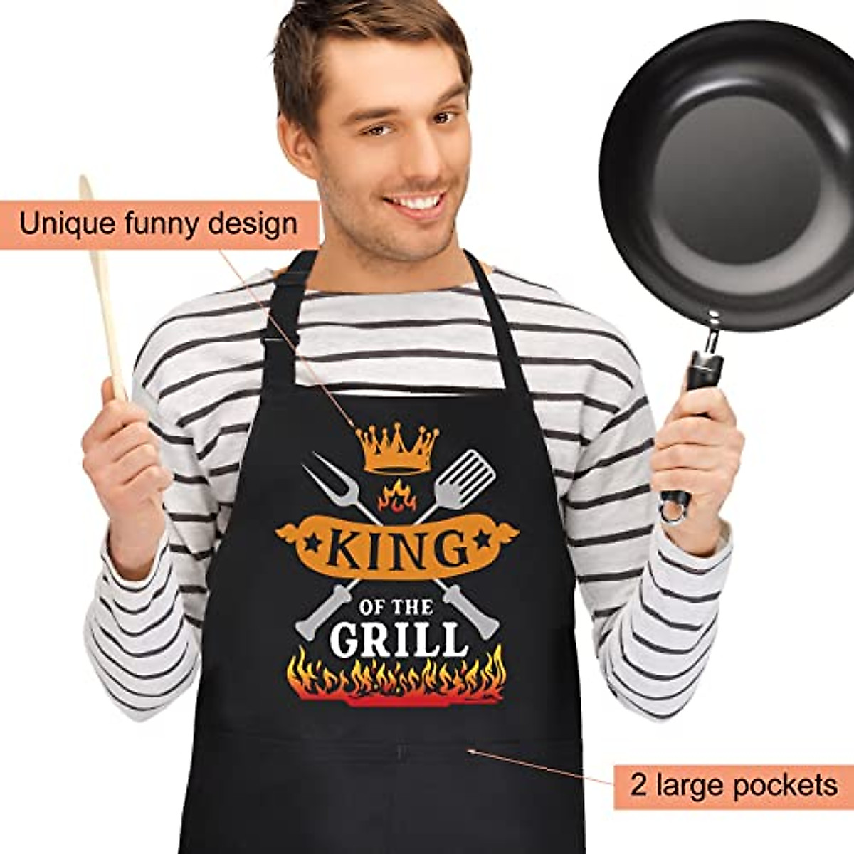 Fuyamp King Of The Grill Apron Funny Apron for Men Apron with 2 Pockets Waterproof Dad Apron for Kitchen Chef Black Baking BBQ Grilling Aprons for Men, Dad, Son, Husband, Boyfriend