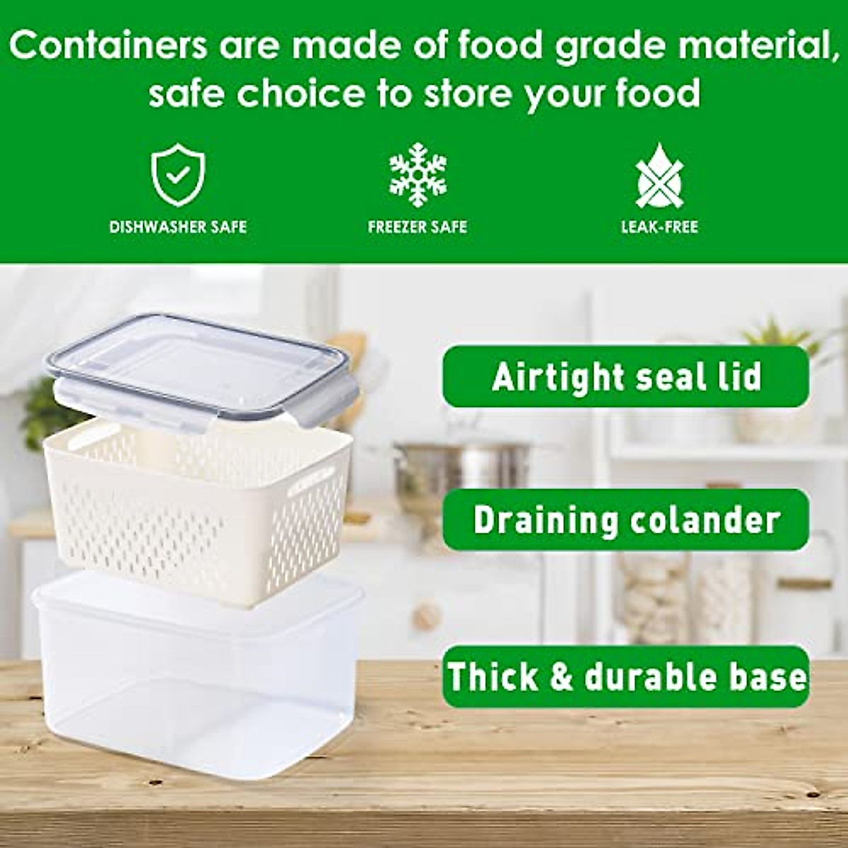 Pack of 4 Fruit Fresh Produce Protector, Grape Container for Fridge, Fruit Saver Lettuce Container with Drain Colanders, Partitioned Salad Container, Refrigerator Organizer for Lettuce Berry Food (4)