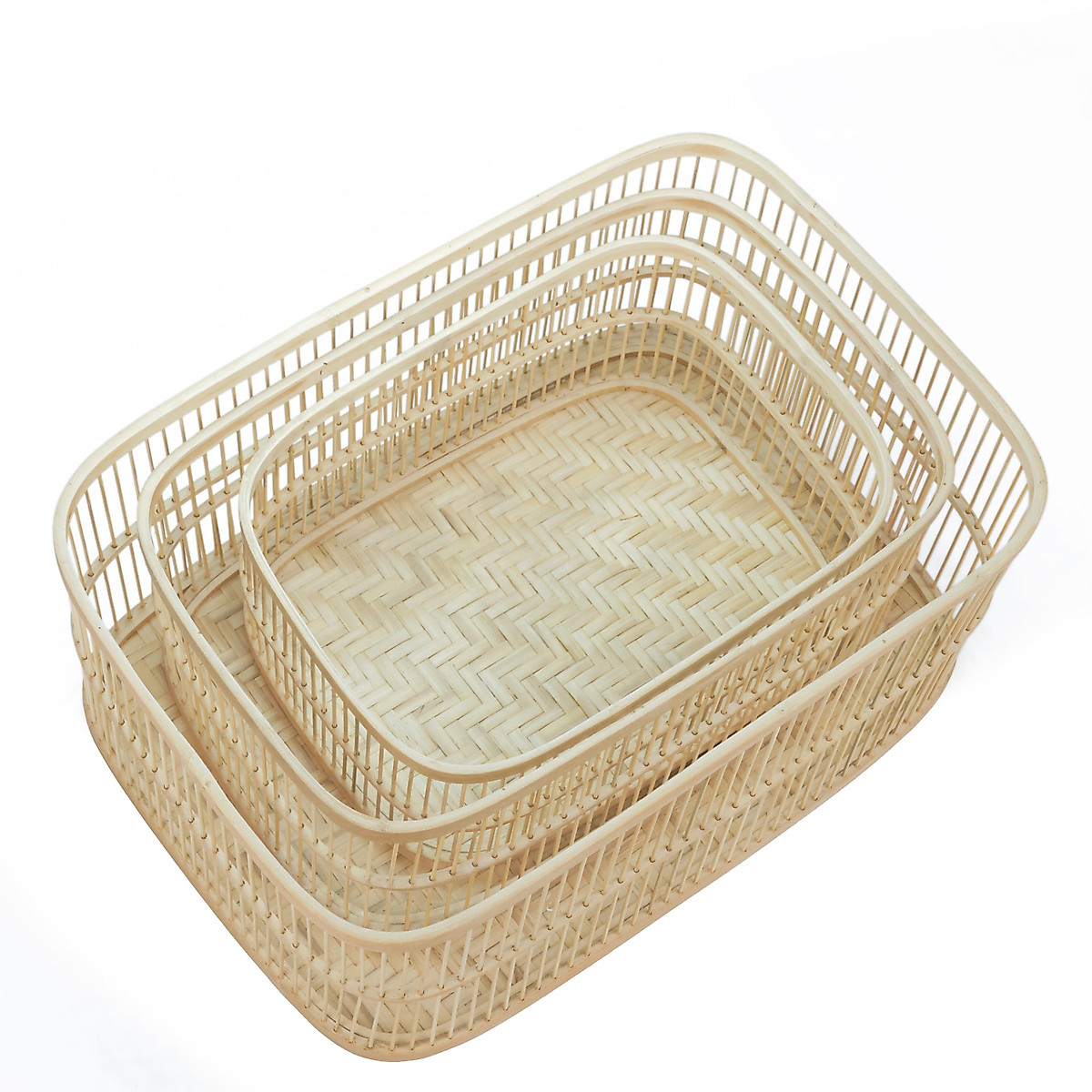 PEMAR Set of 3 Nesting Bamboo Storage Baskets, Decorative Organization Basket, Farmhouse Basket Bins, Rustic Boho Wicker Basket Organiser for Living Room, Bedroom, Pantry Decor