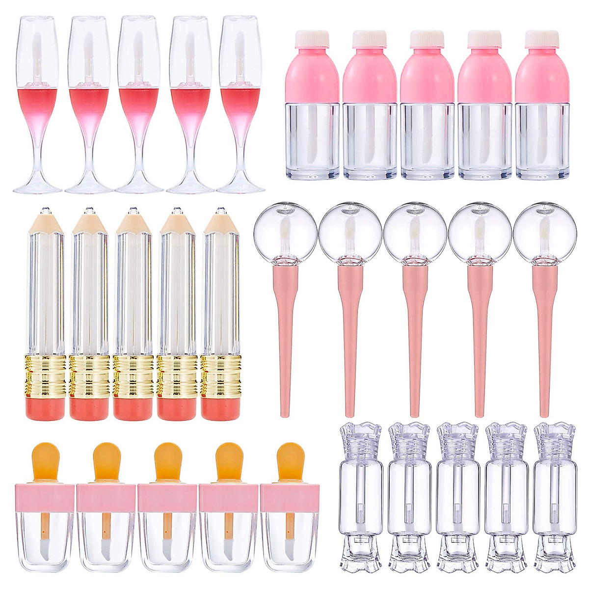 Vankcp 30 Pcs Cute Empty Lip Gloss Tubes, 6 Styles Lip Glaze Tubes Novelty Red Wine Glass Lip Oil Bottles Empty Lip,Refillable Lip Balm Containers for Women Girls DIY(5/8/10ML)