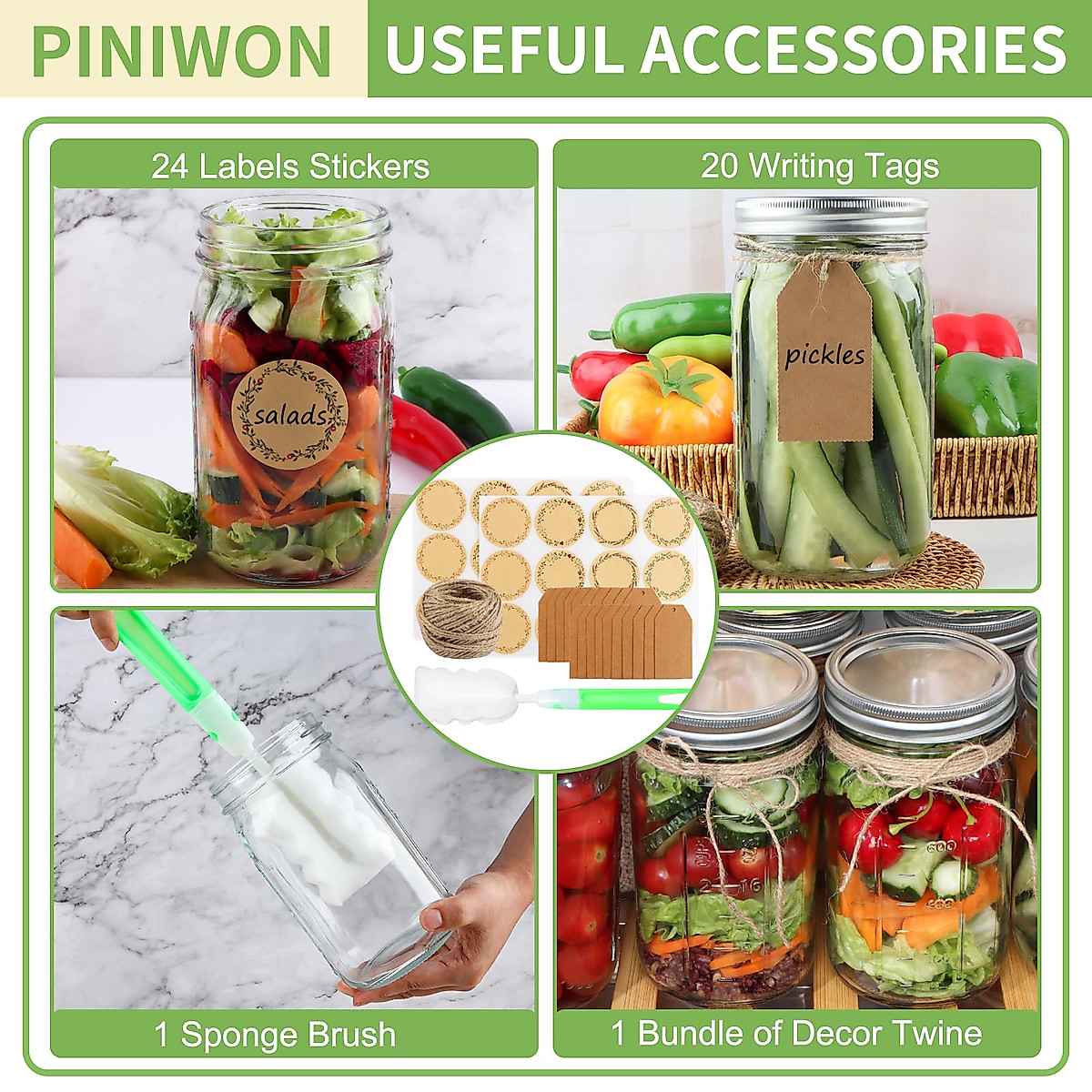 PINIWON Wide Mouth Mason Jars 32 oz with Airtight Lids and Bands, 12 Pack Quart Canning Jars, Clear Glass Mason Jars for Canning, Pickling, Preserving, Meal Prep, DIY Projects