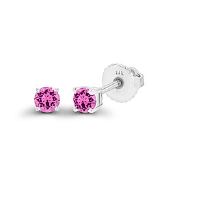 Solid 14K White Gold 3mm Round Created Pink Sapphire Birthstone Screwback Stud Earrings