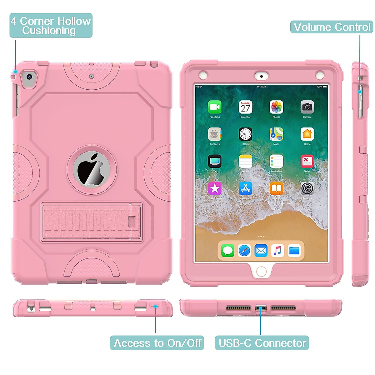 ZoneFoker Case for iPad 6th/5th Generation (9.7 Inch, 2018/2017 Model),iPad Air 2 & 1st Case, iPad Pro 9.7 Case 2016,Heavy Duty Shockproof Rugged Protective Case for iPad 9.7 Inch,Rose Gold