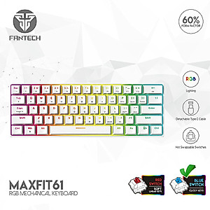 FANTECH MAXFIT61 RGB Wired 60% Mechanical Keyboard, 61 Keys Hot Swappable Type-C Programmable Gaming Keyboard, Outemu Blue Switch, White