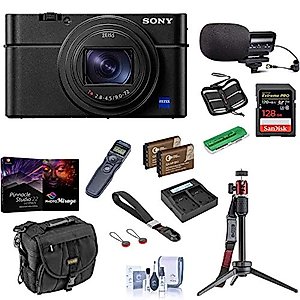Sony Cyber-Shot DSC-RX100 VII Digital Camera - Bundle with 128GB SDXC U3 Card, Table top Tripod, Camera Case, Spare Battery, Shotgun Microphone, Remote Shutter Release, Software Package, and More