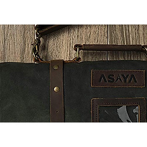 Asaya Waxed Canvas Knife Roll - 15 Knife Slots, Card Holder and Large Zippered Pocket - Genuine Leather, Cloth and Brass Buckles - for Chefs and Culinary Students - Knives Not Included