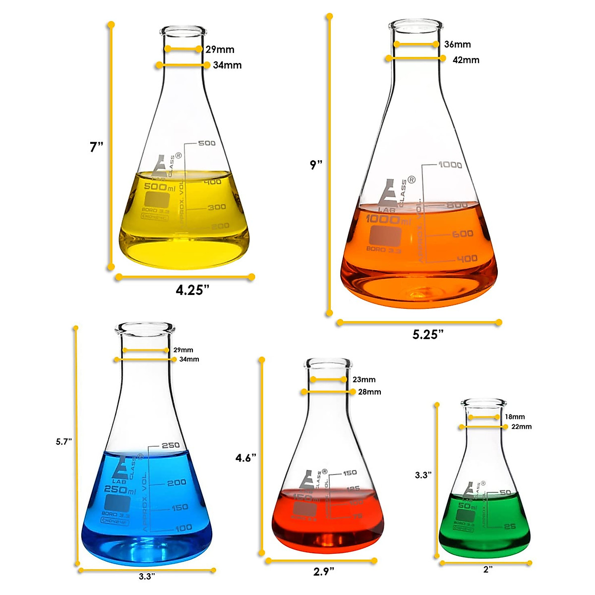 EISCO Premium Erlenmeyer Flask Set - 50ml, 150ml, 250ml, 500ml & 1000ml - Narrow Neck, White Graduations - Superior Durability & Chemical Resistance - Borosilicate 3.3 Glass