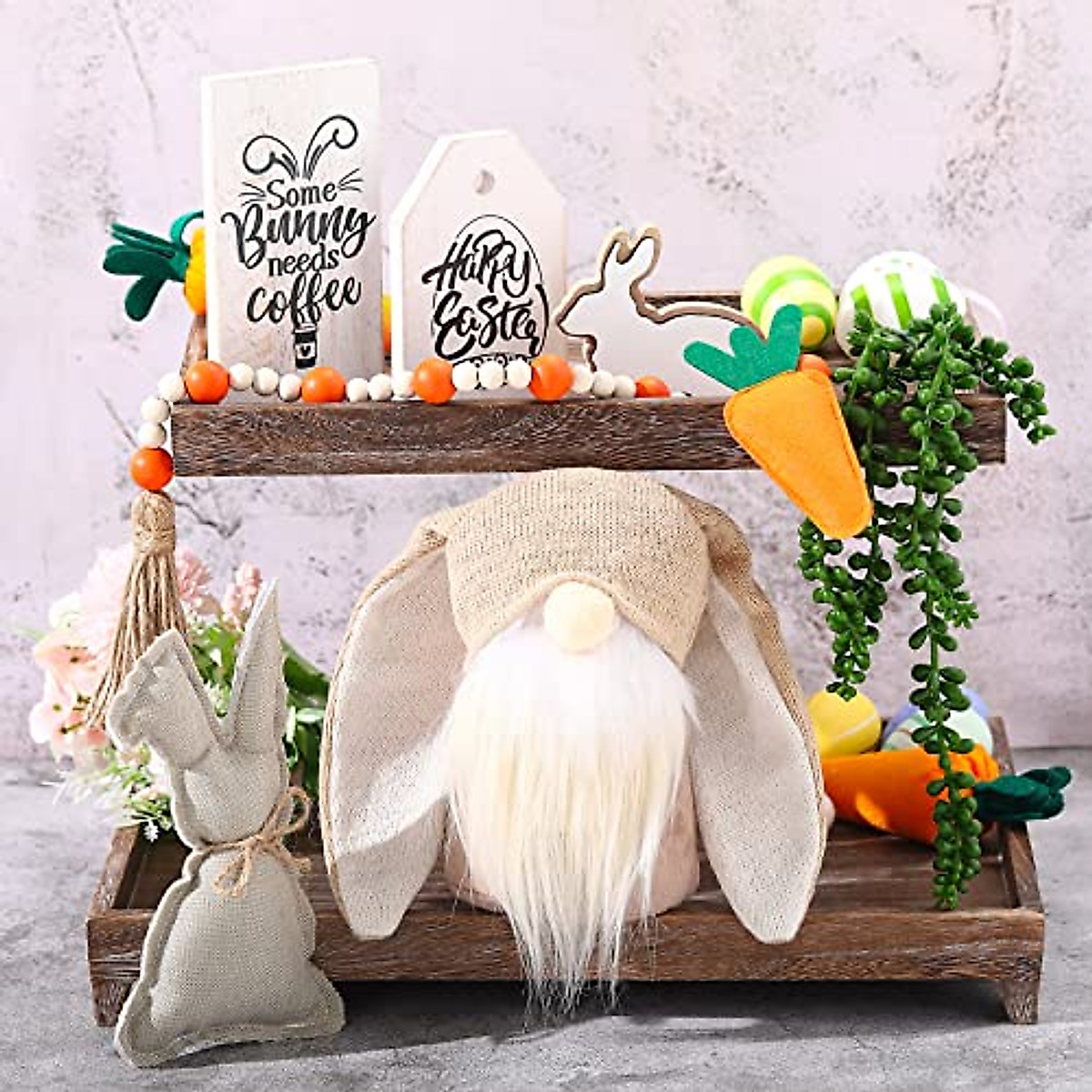 7 Pieces Farmhouse Easter Tiered Tray Decor Bunny Table Wooden Sign Gnome Plush Wooden Bead Garland for Farmhouse Home Kitchen Coffee Bar Decor
