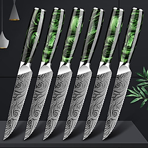 XT XITUO Serrated Steak Knife Set w/Beautiful Engraved Pattern - 6PC Premium 4.5 inch Steak Knives, German Steel Knife Table Dinner Knife w/Emerald Green Resin Handle for Home Restaurant