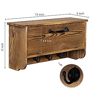 MyGift Wall Mounted Solid Burnt Wood Entryway Key Holder and Storage Cabinet Shelf Rack with Hinged Pull Down Door and 4 Hooks