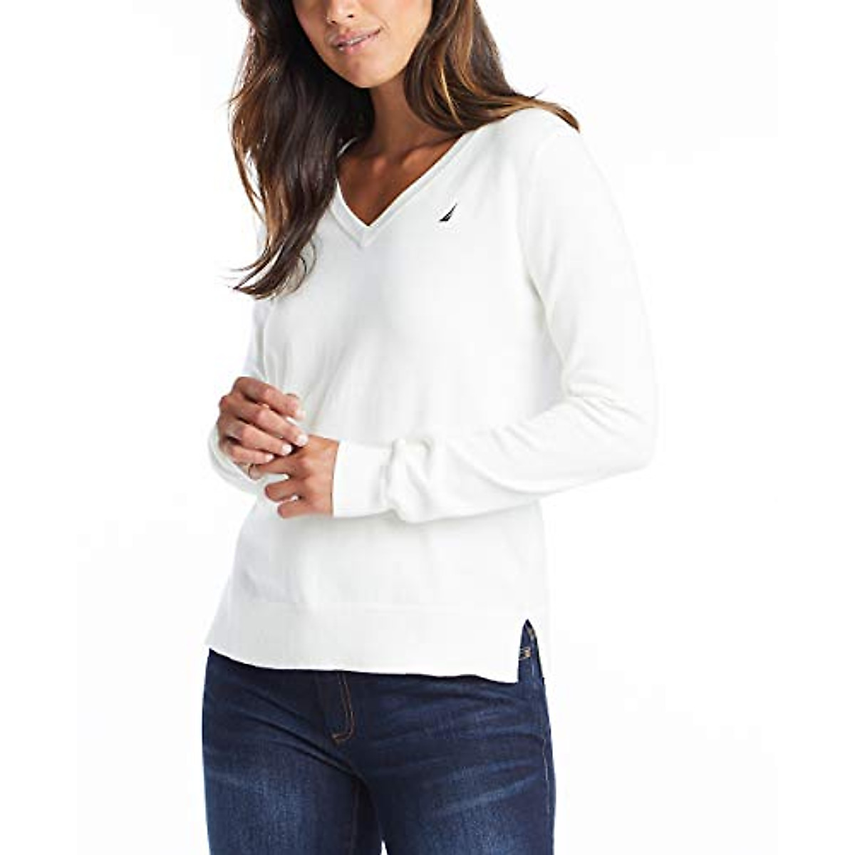 Nautica womens Effortless J-class Long Sleeve 100% Cotton V-neck Sweater, Marshmallow, Medium US