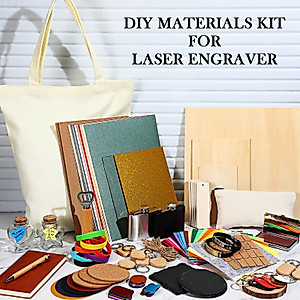 Dunzoom 257 Pcs Laser Material Kit Laser Engraving Materials Including Acrylic, Metal, Wood, Fabric, PU Leather, Glass, Rock, Rubber Materials for Laser Engravers and Laser Cutters