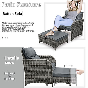 Auzfy Patio Chair with Ottomans and Table, 5 Piece PE Wicker Rattan Outdoor Patio Furniture Set, Space Saving Design Outdoor Chairs with Ottomans Set for Balcony Poolside Front Porch Deck, Grey
