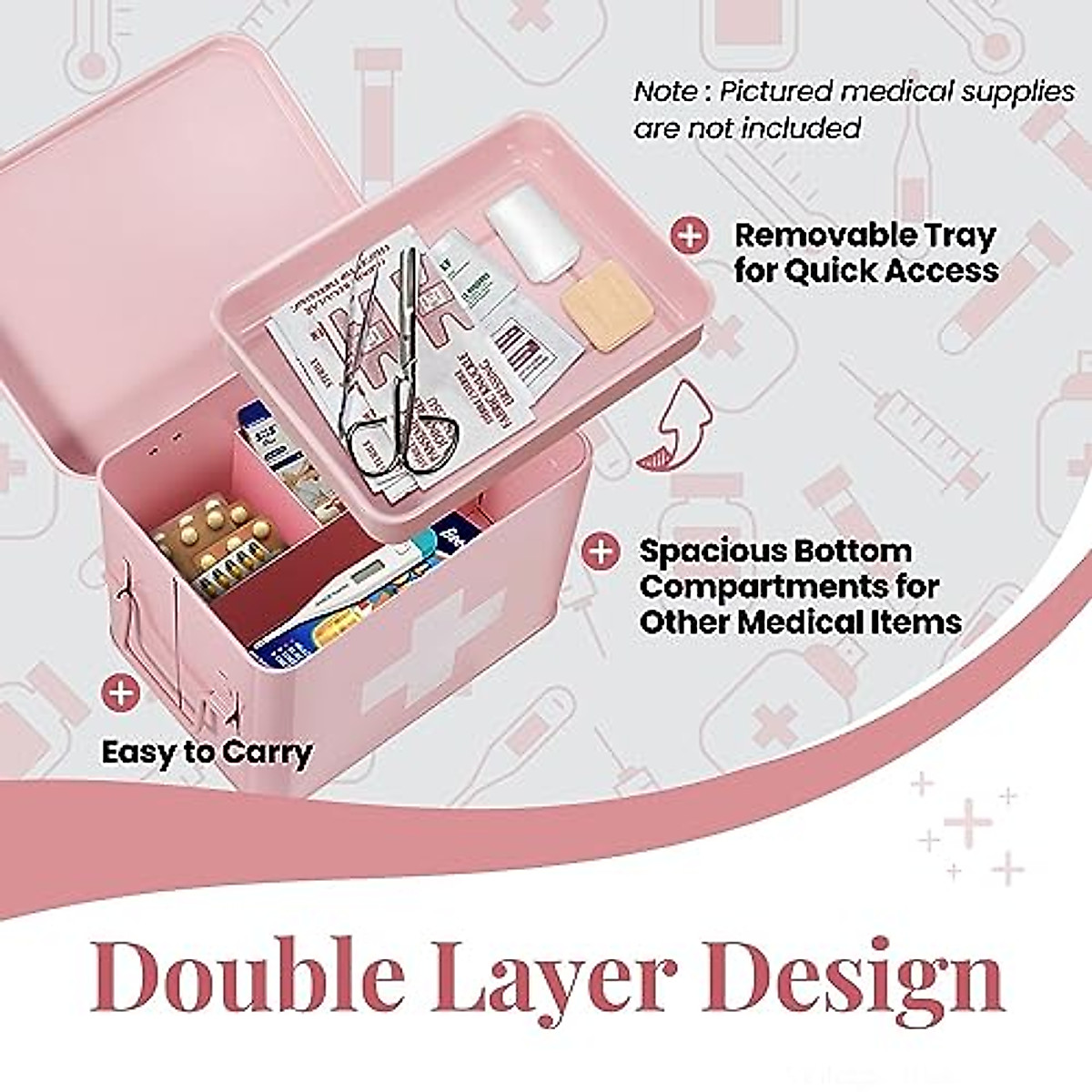 Flexzion First Aid Box Organizer, Empty 8.5 Inch Pink Vintage First Aid Kit Tin Metal Medical Box First Aid Storage Box Container Bins with Dividers, Removable Tray and Cross Logo