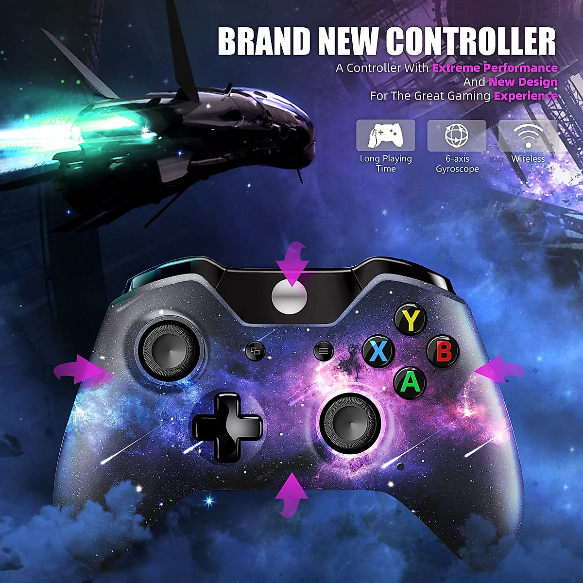 Replacement for Xbox One Controller Wireless with Two Custom Thumb Grips, SAMINRA Custom Design with 3.5mm Audio Jack, Compatible with Xbox Series X/S/Xbox One X/S/Window 10 (Galaxy)