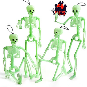 TOY Life 4 Pcs Halloween Hanging Skeleton Decoration Glow in The Dark, 16” Posable Skeleton Halloween Decoration, Skeleton Decor, Halloween Decorations Outdoor Indoor, Halloween Party Decoration