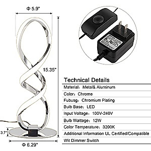 Adebime LED Modern Table Lamp, Small Unique Bedside Table Lamp Spiral Lamp Stepless Dimmable Silver Nightstand Lamp 12W, 3200K Warm White Modern Desk Lamp, Side Table Lamp for Living Room Bedroom