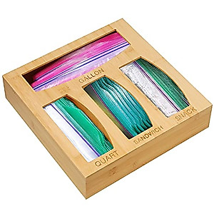 Hossejoy Bamboo Ziplock Bag Storage Organizer, Kitchen Plastic Bag Dispenser Holder, Zip lock Bag Container for Kitchen Drawer, Suitable for Gallon, Quart, Sandwich & Snack Variety Size Bags