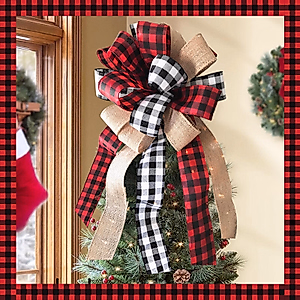 Christmas Tree Topper - Buffalo Plaid Red Black Burlap Decorative Bow - Rustic Farmhouse Xmas Decorations Home Decor - Handmade