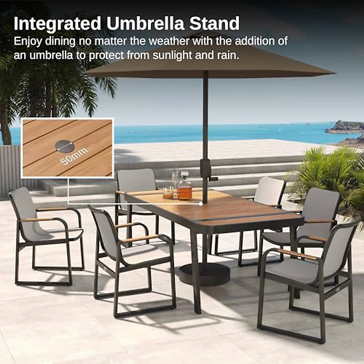 EAST OAK Signature 7 Pieces Outdoor Dining Set, Patio Furniture Set with Finest Teak Wood, Powder-Coated Aluminum Frame Table and Teslin Fabric Chairs, Patio Dining Set for Garden and Yard, Dark Grey