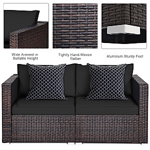HAPPYGRILL 2 Pieces Patio Sofa Set Rattan Wicker Corner Sofa Set with Zippered Cushions for Backyard Balcony Porch Garden Poolside
