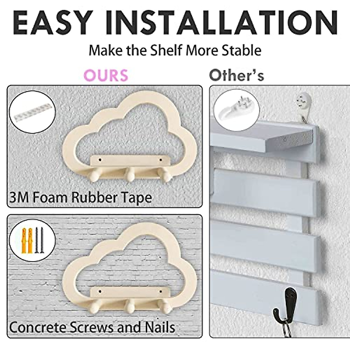 Cloud Key and Letter Holder for Wall - Entryway Rustic Key Rack and Mail Organizer Wall Mount, Minimalistic Style Wooden Wall Décor, Cloud Shelves with 3 Key Hooks, 8" W*5.3" H*2.64" D (White)