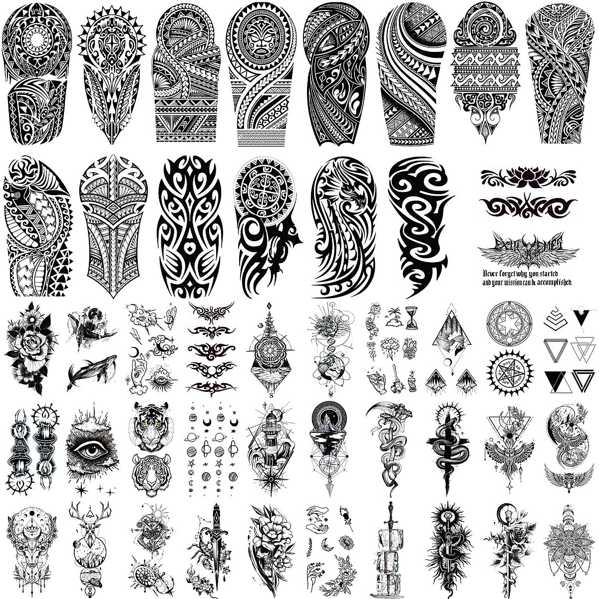 GLARYYEARS Maori Temporary Tattoo for Men Adults, 46-Pack Large Small size Realistic Tattoos, Totem Tribal Tiki Turtle Manta Fake Tattoo Stickers, Long-lasting Cool Black Body Half Arm Tattoos