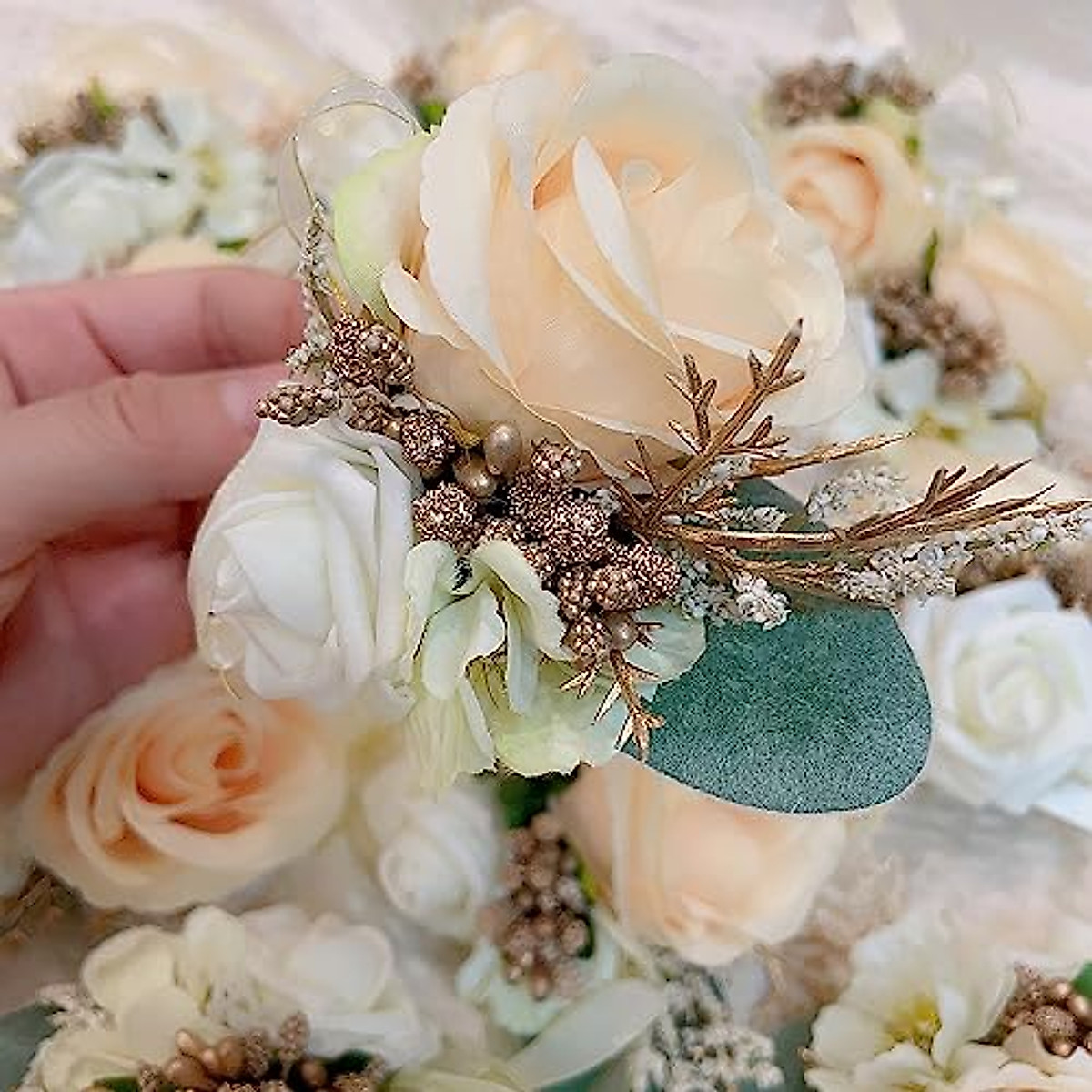 Daxi Events 6 PCS Rose Wrist Corsage for Bridesmaid, Mother of Bride and Groom Corsage, Girl Prom Flowers, Wedding Ceremony, Anniversary, Homecoming, Bridal Shower(Champagne)