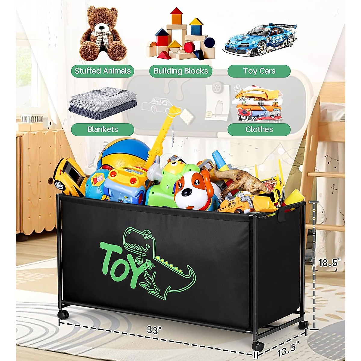 MISSLO Large Toy Box with Wheels Big Toy Chest for Kids Organizer Toy Storage Bin, 124L, Black