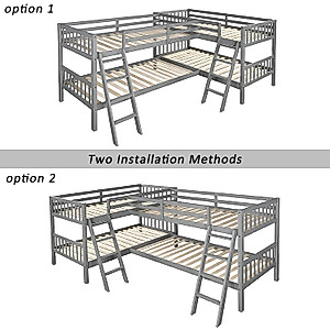 MERITLINE L-Shaped Quad Bunk Bed, Four Bunk Bed Twin Over Twin with Angle Ladder,Wooden Corner 4 Bed Bunk Bed for Kids, Teens, Adults, No Box Spring Needed (Twin, Grey)