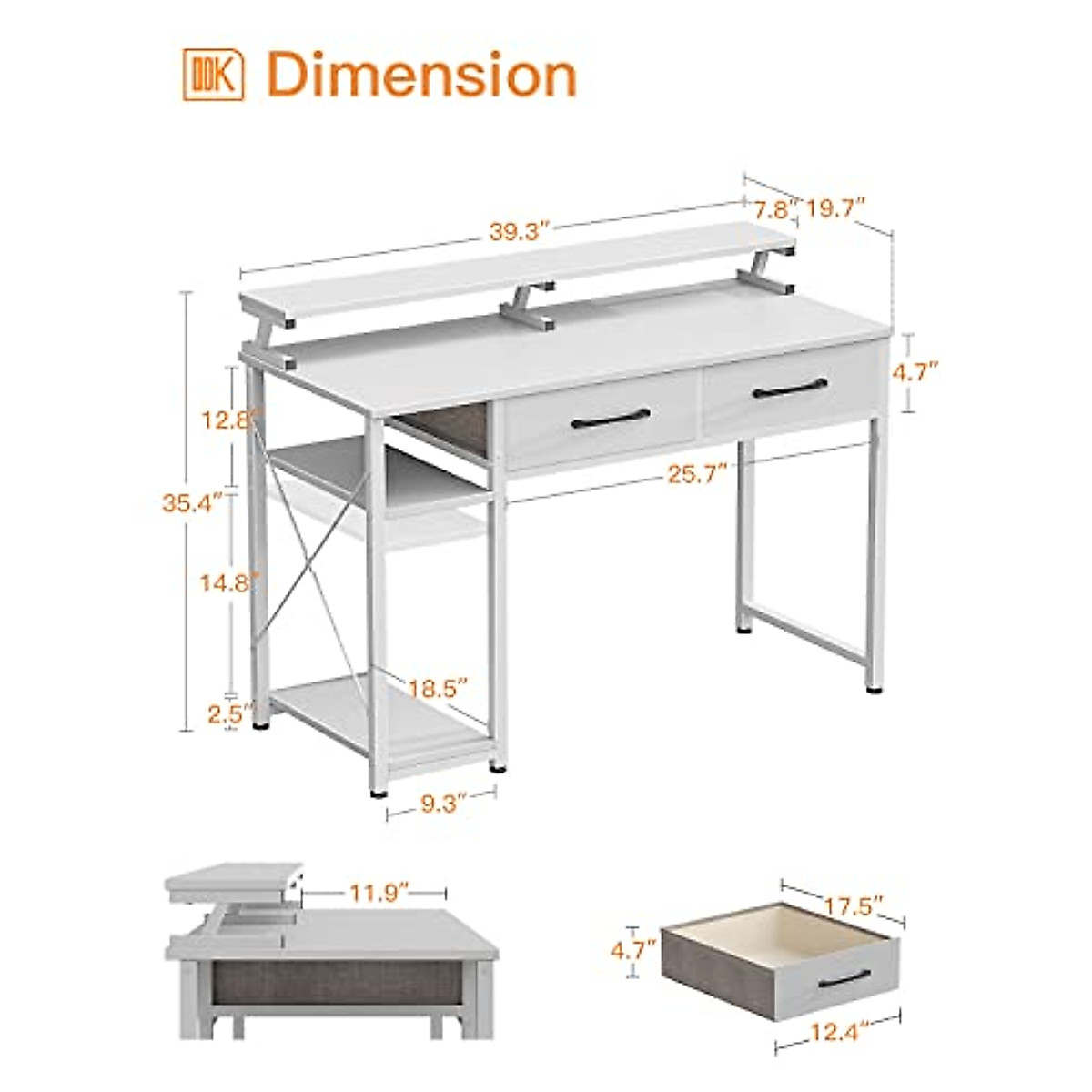 ODK Computer Desk with Drawers, 40 Inch Office Desk with Storage & Shelves, Work Writing Desk with Monitor Stand Shelf, White Home Office Desks for Small Spaces