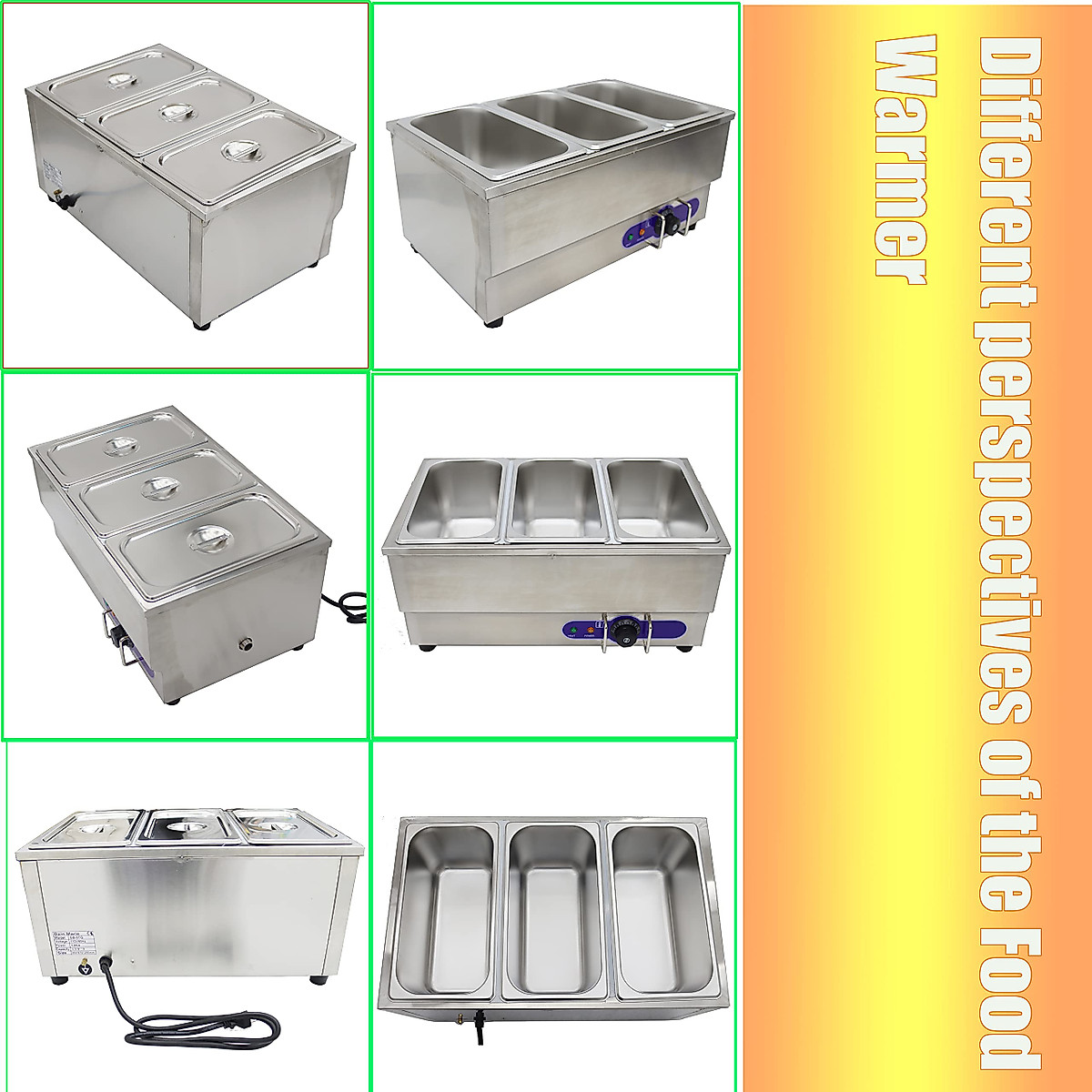 INTSUPERMAI Electric Commercial Food Soup Warmer Canteen Buffet Steam Heater Stainless Steel 110V 1500W 1/3GN x3 Pans 12x5.5x6inch Pan