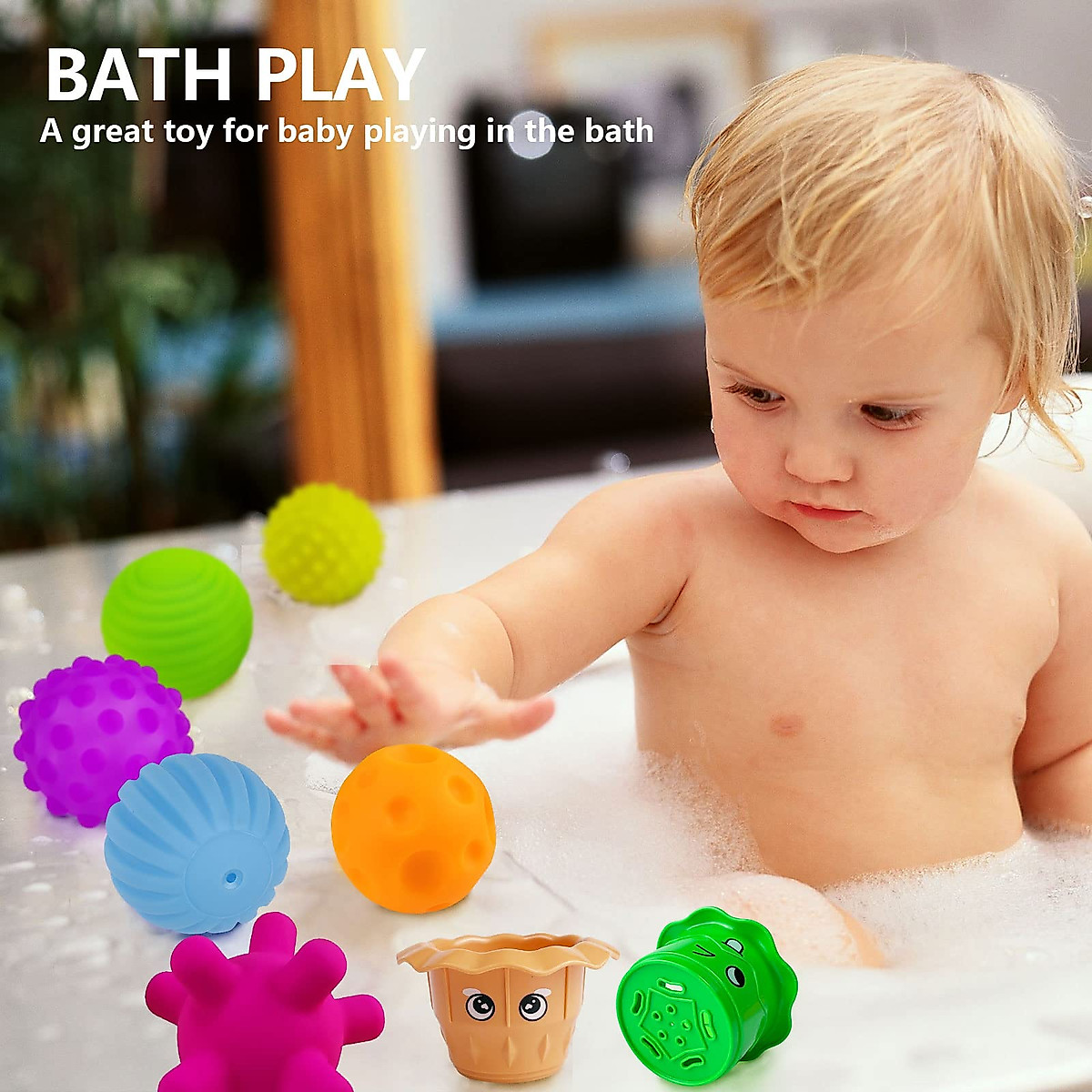 Sensory Balls for Baby, Infant Toys 6-12 Months, Textured Multi Balls for Toddlers 1-3 Colorful Soft Squeezy Bath Toys with Stacking Cups Montessori Toys for Babies Juguetes Para Bebes de 0 a 6 Meses