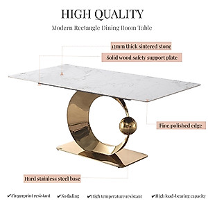 Montary 71” Artificial Marble Dining Table for 6-8 Seat, Modern Rectangle Dining Room Table with Gold Shaped Circle Stainless Steel Base, Sintered Stone Dining Table (Only Table)
