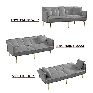 SEVENWOOD Velvet Futon Sofa Bed with Cup Holder,Velvet Small Loveseat Sleeper Bed, Modern Folding Sleeper Couch with 2 Pillows and 6 Gold Metal Legs for Living Room. (Grey)