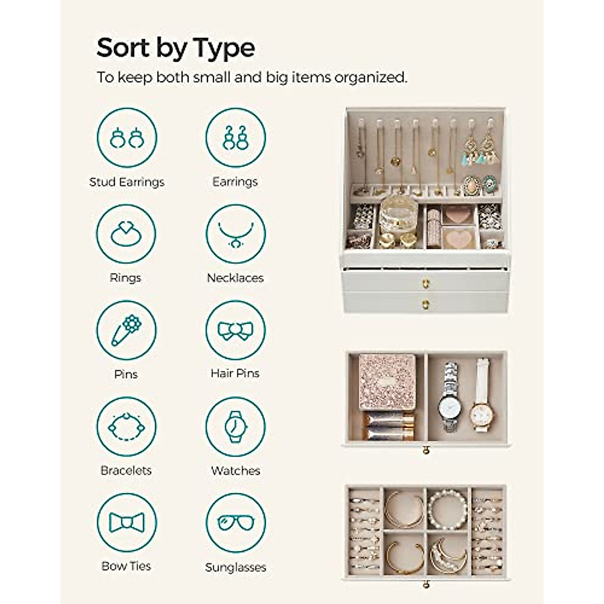 SONGMICS Jewelry Box with Slanted Glass Window, 3-Layer Jewelry Organizer, 2 Drawers, Jewelry Storage, Modern Style, Window Display, Cloud White UJBC163W01