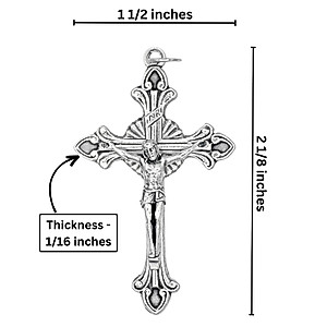 Bulk Pack of 5 - Large Flared Sunburst Fleur-De-Lis Crucifix Rosary Part - 2 1/8" Italian Silver Oxidized Finish Cross for Rosary Making Rosary Making Supplies, Made in Italy