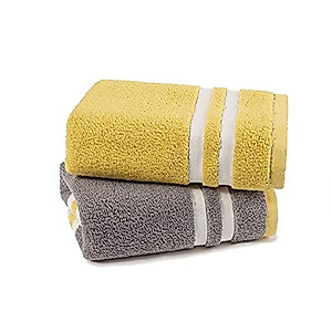YiLUOMO Hand Towels Set of 2 100% Cotton Striped Checkered Pattern Super Soft Highly Absorbent Decorative Hand Towel for Bathroom, Kitchen 13 x 29 Inch (Yellow & Grey)