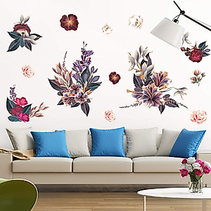 RAINBOW WSK Flowers Peonies Wall Decal Peel and Stick Elegant Pink Red Rose Wall Sticker for Girls Room Tropical Flower Plants Wall Decor Vintage Modern Home Wall Art for Living Room Kitchen Office