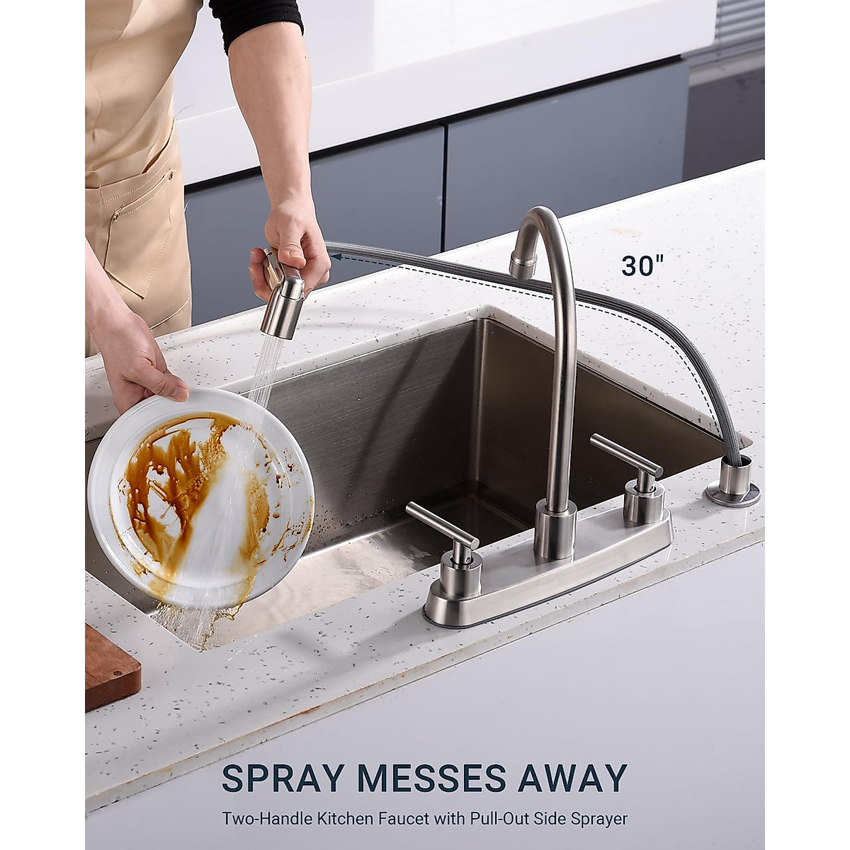 APPASO Kitchen Faucet with Side Sprayer, 2-Handle High Arch SUS304 Stainless Steel Brushed Nickel Kitchen Faucet with Pull-Out Side Spray for RV Laundry Utility Bar, 8-in 4-Hole Installation